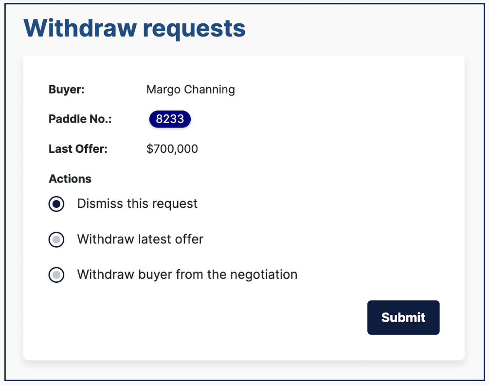 Managing withdrawal of latest bid or offer during the final stage